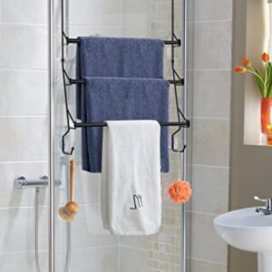 Elbourn Adjustable Over The Door Triple Towel Rack with Hooks, Towel Bar Hanger for Bathroom, Black