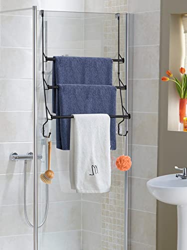 Elbourn Adjustable Over The Door Triple Towel Rack with Hooks, Towel Bar Hanger for Bathroom, Black