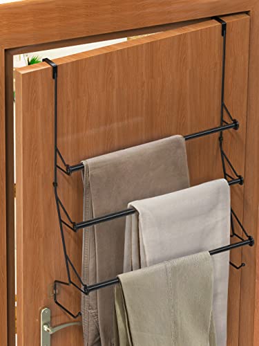 Elbourn Adjustable Over The Door Triple Towel Rack with Hooks, Towel Bar Hanger for Bathroom, Black