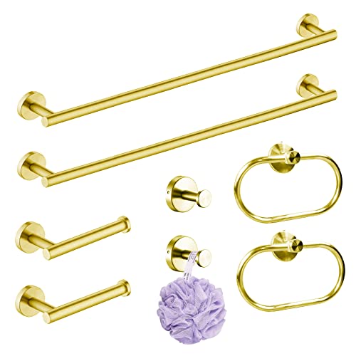 Chihod Bathroom Hardware Set: Brushed Gold Towel Bar - Stainless Steel Toilet Paper Holder - Oval Towel Ring - Robe Towel Hooks - Wall Mounted Towel Rack Set - 8 Pieces Bathroom Accessory Set