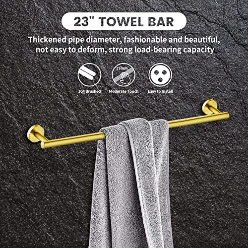 Chihod Bathroom Hardware Set: Brushed Gold Towel Bar - Stainless Steel Toilet Paper Holder - Oval Towel Ring - Robe Towel Hooks - Wall Mounted Towel Rack Set - 8 Pieces Bathroom Accessory Set