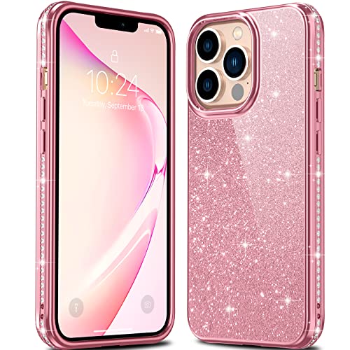 PTUONIU Glitter iPhone 13 Pro Case, Cute Glitter Slim Bumper Diamond Cover [Camera Protection] Scratch Resistant Full-Body Protective Phone Case for iPhone 13 Pro Women Girls - Pink