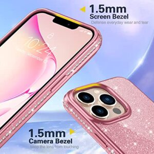 PTUONIU Glitter iPhone 13 Pro Case, Cute Glitter Slim Bumper Diamond Cover [Camera Protection] Scratch Resistant Full-Body Protective Phone Case for iPhone 13 Pro Women Girls - Pink