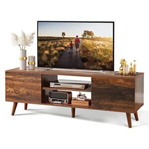 wlive tv stand for 55 60 inch tv, mid century modern tv console, entertainment center with storage for living room, retro brown