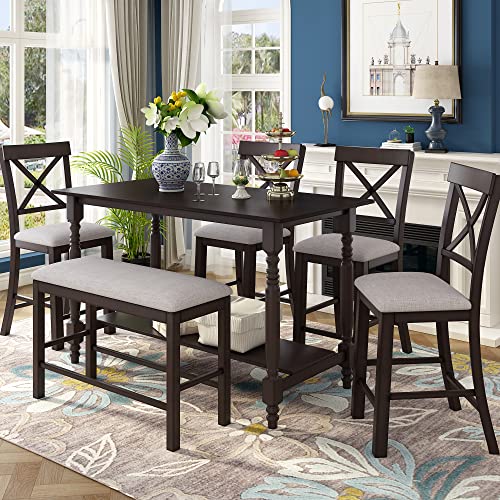 P PURLOVE 6-Piece Counter Height Dining Table Set Wooden Rectangle Dining Table with Bottom Shelf and 4 Upholstered Chairs with Padde Bench Kitchen Home Furniture for 6-8 Persons