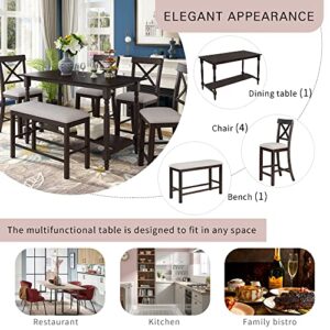 P PURLOVE 6-Piece Counter Height Dining Table Set Wooden Rectangle Dining Table with Bottom Shelf and 4 Upholstered Chairs with Padde Bench Kitchen Home Furniture for 6-8 Persons