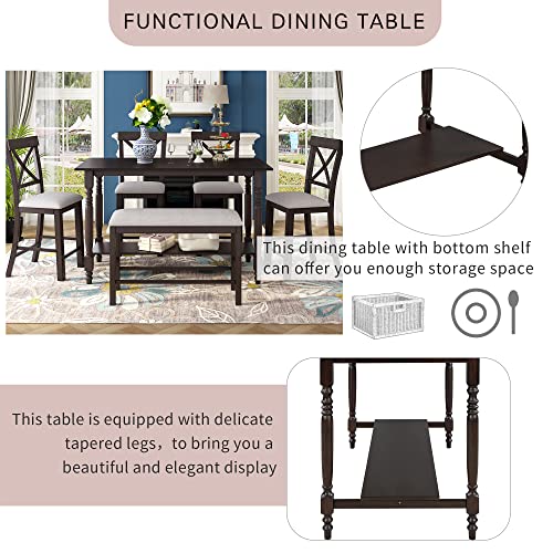 P PURLOVE 6-Piece Counter Height Dining Table Set Wooden Rectangle Dining Table with Bottom Shelf and 4 Upholstered Chairs with Padde Bench Kitchen Home Furniture for 6-8 Persons