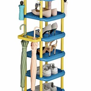 yeavs Plastic Shoe Rack Free Standing, Shoe Shelf with Umbrella Stand, Shoe Storage Organizer for Entryway, Closet, Living Room, Office (Yellow Blue, 6 Tier)