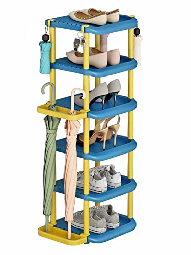 yeavs Plastic Shoe Rack Free Standing, Shoe Shelf with Umbrella Stand, Shoe Storage Organizer for Entryway, Closet, Living Room, Office (Yellow Blue, 6 Tier)