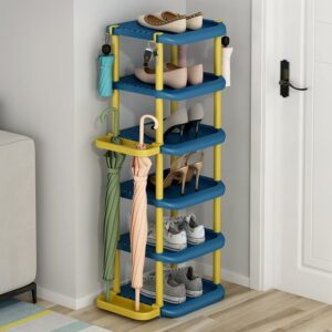 yeavs Plastic Shoe Rack Free Standing, Shoe Shelf with Umbrella Stand, Shoe Storage Organizer for Entryway, Closet, Living Room, Office (Yellow Blue, 6 Tier)