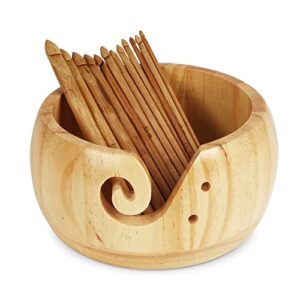 unaymidy yarn bowl holder, wooden knitting bowl with 12pcs crochet hooks, large yarn holder dispenser for crocheting (large 6.7")