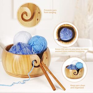 UNAYMIDY Yarn Bowl Holder, Wooden Knitting Bowl with 12pcs Crochet Hooks, Large Yarn Holder Dispenser for Crocheting (large 6.7")