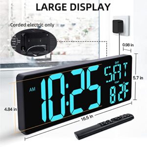 TXL Digital Wall Clock Large Display, 16.5" LED Wall Clock with Date and Temperature,Count Up/Down Timer Clock with Remote Control, Adjustable Brightness Alarm Clock for Home, Office, Gym, Elderly