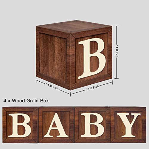 Wood Print Baby Shower Boxes for Teddy Bear Birthday Party Centerpiece - 4 Pcs Wood Grain Baby Cubes Rustic Baby Blocks with Letters, Brown Baby Shower Decorations