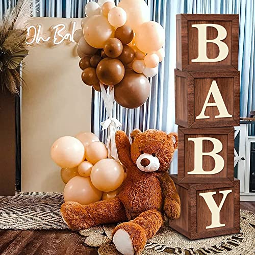 Wood Print Baby Shower Boxes for Teddy Bear Birthday Party Centerpiece - 4 Pcs Wood Grain Baby Cubes Rustic Baby Blocks with Letters, Brown Baby Shower Decorations