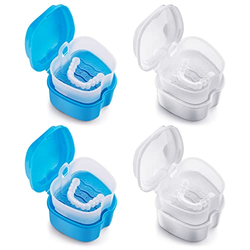 Denture Bath Cup, 4 Pack Dentures Box Storage Soak Container with Strainer Basket Leak-proof Lid False Tooth Holder Organizer for Home Office Travel Cleaning