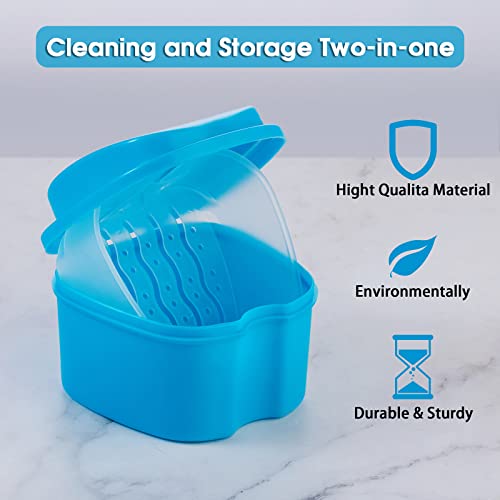 Denture Bath Cup, 4 Pack Dentures Box Storage Soak Container with Strainer Basket Leak-proof Lid False Tooth Holder Organizer for Home Office Travel Cleaning