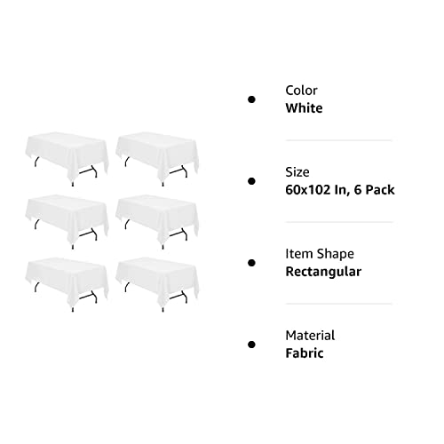 6 Pack White Tablecloths for 6 Foot Rectangle Tables 60 x 102 Inch - 6ft Rectangular Bulk Linen Polyester Fabric Washable Long Table Clothes for Wedding Reception Banquet Party Buffet Restaurant