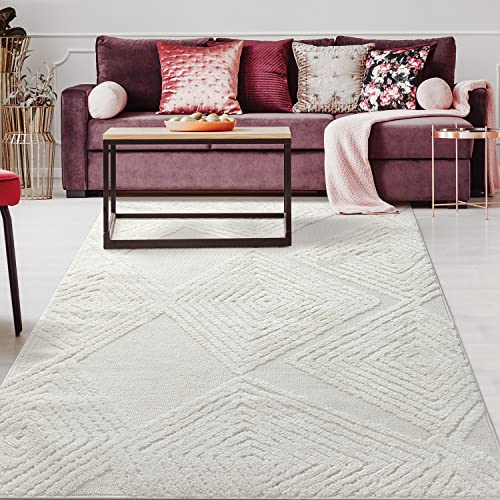 Antep Rugs Palafito 5x7 Geometric Shag Diamond High-Low Pile Textured Indoor Area Rug (White, 5'3" x 7'6")