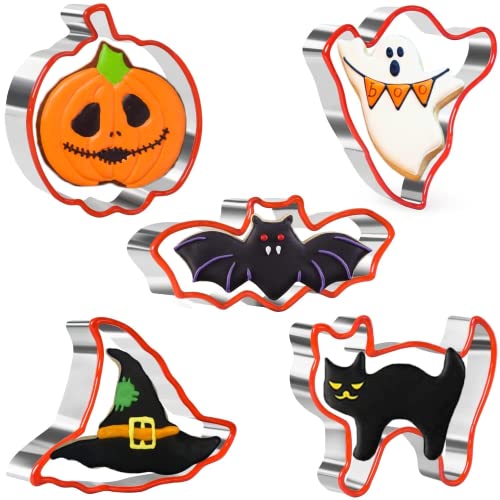 Crethinkaty Halloween Cookie Cutters Set 5 Piece Halloween Biscuit Cutters Stainless Steel with Protective Silicone Edge for Baking - Pumpkin, Bat, Ghost, Cat and Witch Hat