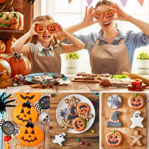 Crethinkaty Halloween Cookie Cutters Set 5 Piece Halloween Biscuit Cutters Stainless Steel with Protective Silicone Edge for Baking - Pumpkin, Bat, Ghost, Cat and Witch Hat