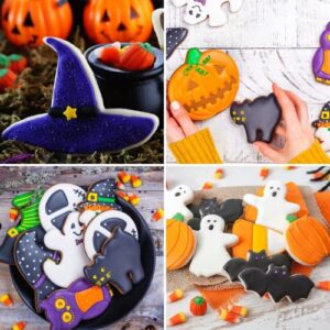 Crethinkaty Halloween Cookie Cutters Set 5 Piece Halloween Biscuit Cutters Stainless Steel with Protective Silicone Edge for Baking - Pumpkin, Bat, Ghost, Cat and Witch Hat