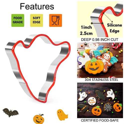 Crethinkaty Halloween Cookie Cutters Set 5 Piece Halloween Biscuit Cutters Stainless Steel with Protective Silicone Edge for Baking - Pumpkin, Bat, Ghost, Cat and Witch Hat