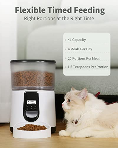 Automatic Cat Feeders, 4L Pet Food Dispenser with Programmable Timer, Dry Food Meal Portion Size Control, Pet Food Feeder for Small & Medium Cats Dogs, Desiccant Bag, Voice Recorder