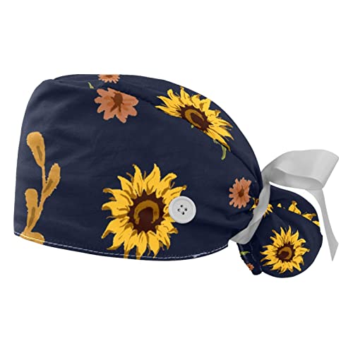 Mersov Sunflower Pattern Scrub Hats for Women Long Hair, Working Cap with Button & Sweatband, Unisex Tie Back Hats 2 Packs, Medium-3X-Large