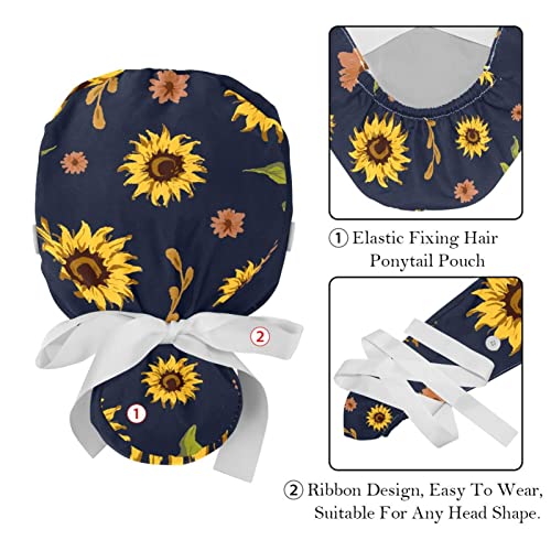 Mersov Sunflower Pattern Scrub Hats for Women Long Hair, Working Cap with Button & Sweatband, Unisex Tie Back Hats 2 Packs, Medium-3X-Large