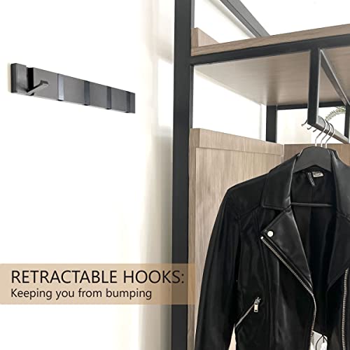 My brand ROVALA Coat Rack Wall Mount - 5 flip Down Hooks Folding Hook; Modern, Sleek Hangers for Coats, Towels, Clothes, etc. Hanging Mounted (Black Hooks)