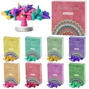 incense cones, assorted scented incense cones with holder, incense variety pack gift set, rose, sage, lavender, violet, cinnamon, eucalyptus, sandalwood, rain forest, 120 cones total