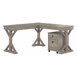 bush furniture homestead farmhouse l shaped desk with mobile file cabinet, driftwood gray