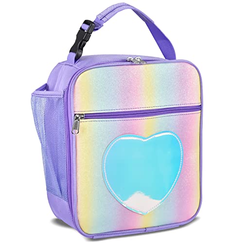 Samhe Lunch Box for Girls Kids, Insulated Rainbow Tote Bag Leakproof Thermal Cooler Reusable Lunch Bag for School Office Outdoor (Purple)