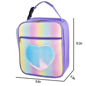 Samhe Lunch Box for Girls Kids, Insulated Rainbow Tote Bag Leakproof Thermal Cooler Reusable Lunch Bag for School Office Outdoor (Purple)