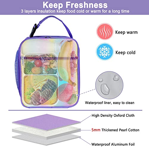 Samhe Lunch Box for Girls Kids, Insulated Rainbow Tote Bag Leakproof Thermal Cooler Reusable Lunch Bag for School Office Outdoor (Purple)