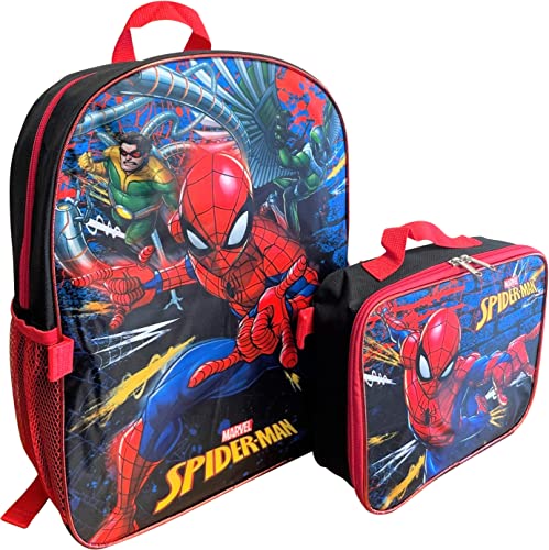 Ruz Spiderman Boys 16 Inch Backpack With Removable Matching Lunch Box Set (Black-Red)