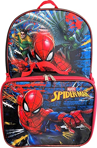 Ruz Spiderman Boys 16 Inch Backpack With Removable Matching Lunch Box Set (Black-Red)