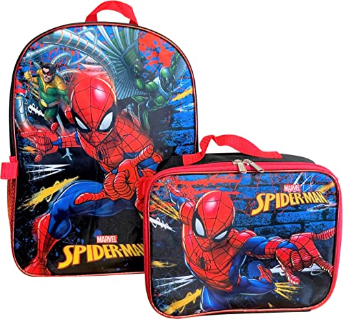 Ruz Spiderman Boys 16 Inch Backpack With Removable Matching Lunch Box Set (Black-Red)