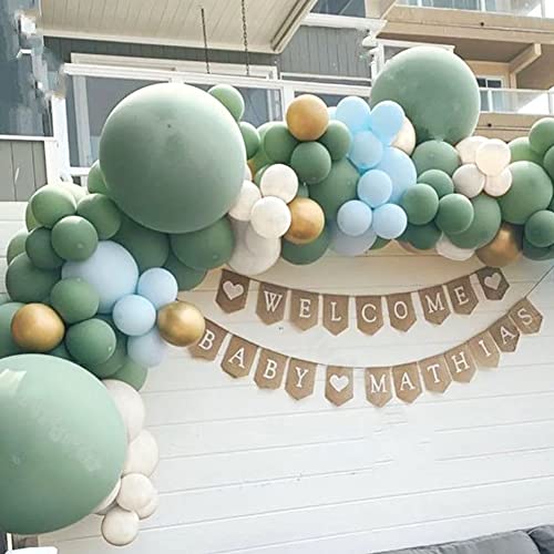 Sage Green and Blue Balloon Garland Kit with Arch Kit, 18 10 5 inch Balloons in Matte Olive Eucalyptus, Dusty Light Blue, White, Gold Confetti, Baby Shower Birthday Wedding Bridal Party Decorations