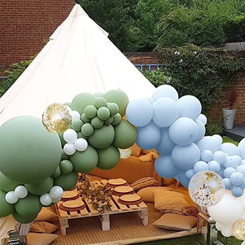 Sage Green and Blue Balloon Garland Kit with Arch Kit, 18 10 5 inch Balloons in Matte Olive Eucalyptus, Dusty Light Blue, White, Gold Confetti, Baby Shower Birthday Wedding Bridal Party Decorations