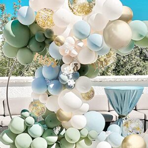 sage green and blue balloon garland kit with arch kit, 18 10 5 inch balloons in matte olive eucalyptus, dusty light blue, white, gold confetti, baby shower birthday wedding bridal party decorations