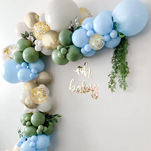 Sage Green and Blue Balloon Garland Kit with Arch Kit, 18 10 5 inch Balloons in Matte Olive Eucalyptus, Dusty Light Blue, White, Gold Confetti, Baby Shower Birthday Wedding Bridal Party Decorations