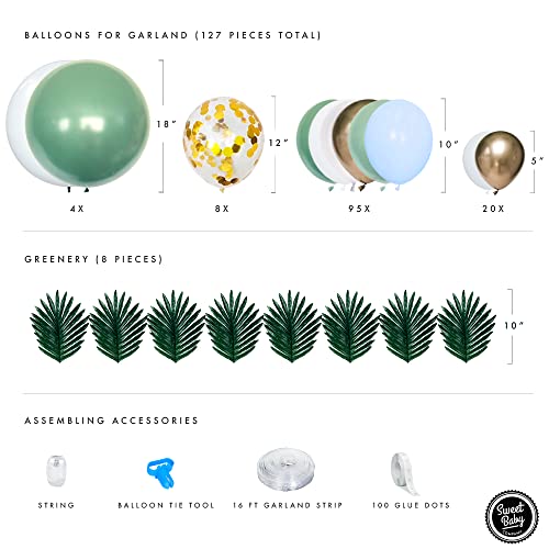 Sage Green and Blue Balloon Garland Kit with Arch Kit, 18 10 5 inch Balloons in Matte Olive Eucalyptus, Dusty Light Blue, White, Gold Confetti, Baby Shower Birthday Wedding Bridal Party Decorations