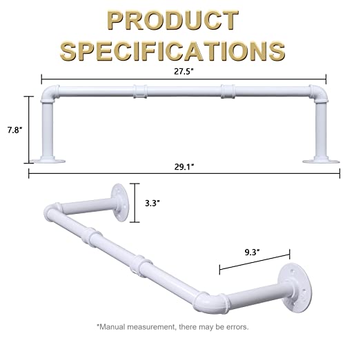 TALITARE Industrial Pipe White Clothing Rack, 29 Inch Wall Mounted Clothes Rack, Heavy Duty Iron Hanging Bar Rod for Retail Display Garment Laundry Storage