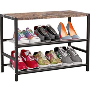 ingiordar shoe rack storage organizer 3 tier metal mesh shoe rack shelf with industrial mdf board for entryways closets living room bedroom,black&rustic brown