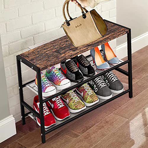 INGIORDAR Shoe Rack Storage Organizer 3 Tier Metal Mesh Shoe Rack Shelf with Industrial MDF Board for Entryways Closets Living Room Bedroom,Black&Rustic Brown