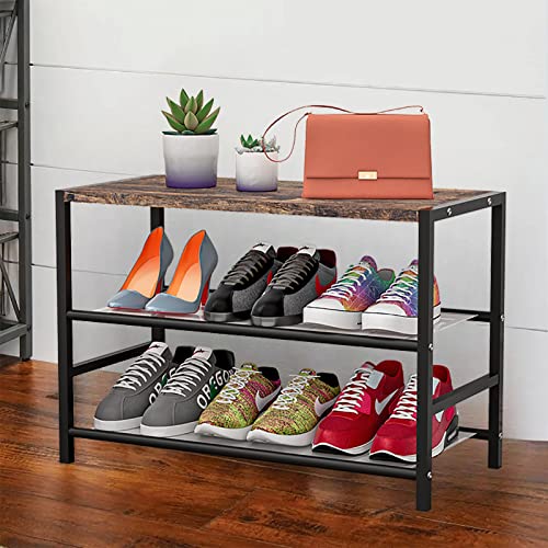 INGIORDAR Shoe Rack Storage Organizer 3 Tier Metal Mesh Shoe Rack Shelf with Industrial MDF Board for Entryways Closets Living Room Bedroom,Black&Rustic Brown