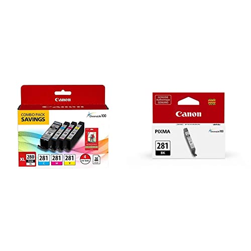 Canon PGI-280XL PGBK/CLI-281CMY, 50 Sheets PP-301 Combo Pack & 281 Black Ink Tank, Compatible to TR8520, TR7520, TS9120 Series