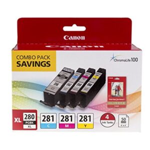 Canon PGI-280XL PGBK/CLI-281CMY, 50 Sheets PP-301 Combo Pack & 281 Black Ink Tank, Compatible to TR8520, TR7520, TS9120 Series